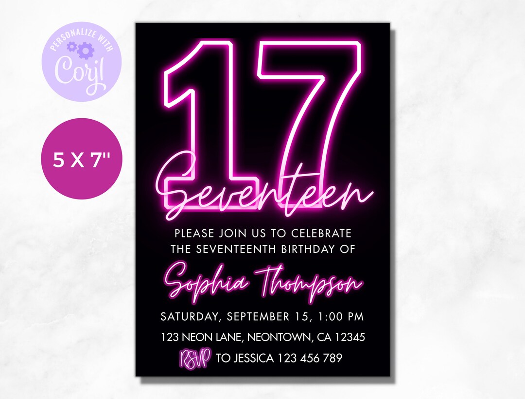 17th Birthday Invitation, Pink Neon Birthday Invitation, Seventeen ...