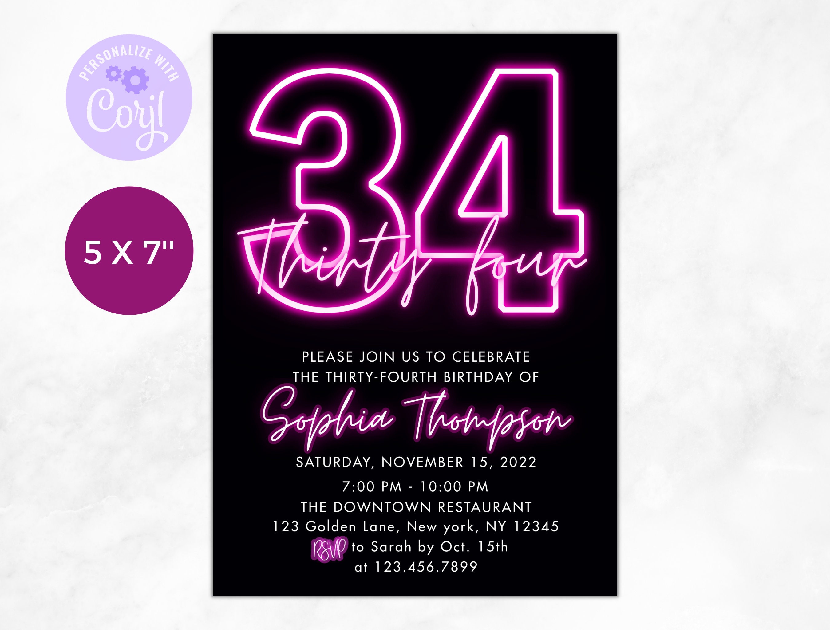 34th Birthday Invitation, Thirty Four Birthday, Pink Neon Birthday ...