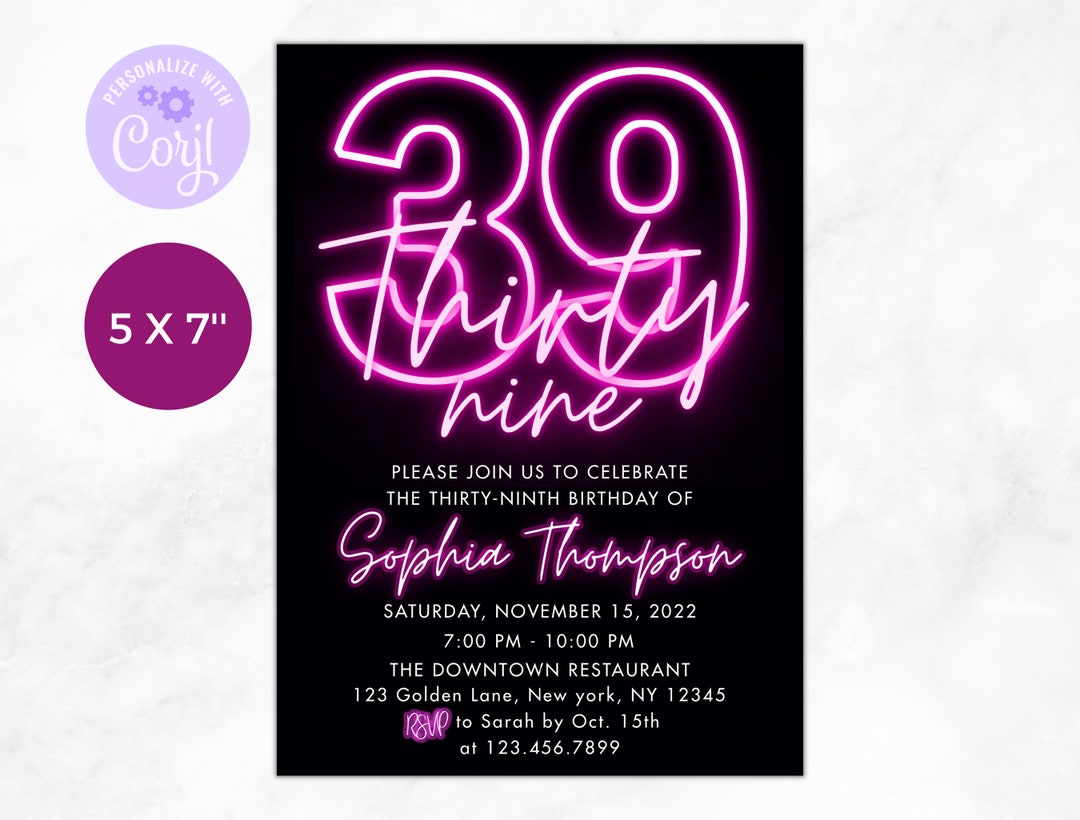 39th Birthday Invitation Thirty Nine Birthday Pink Neon - Etsy