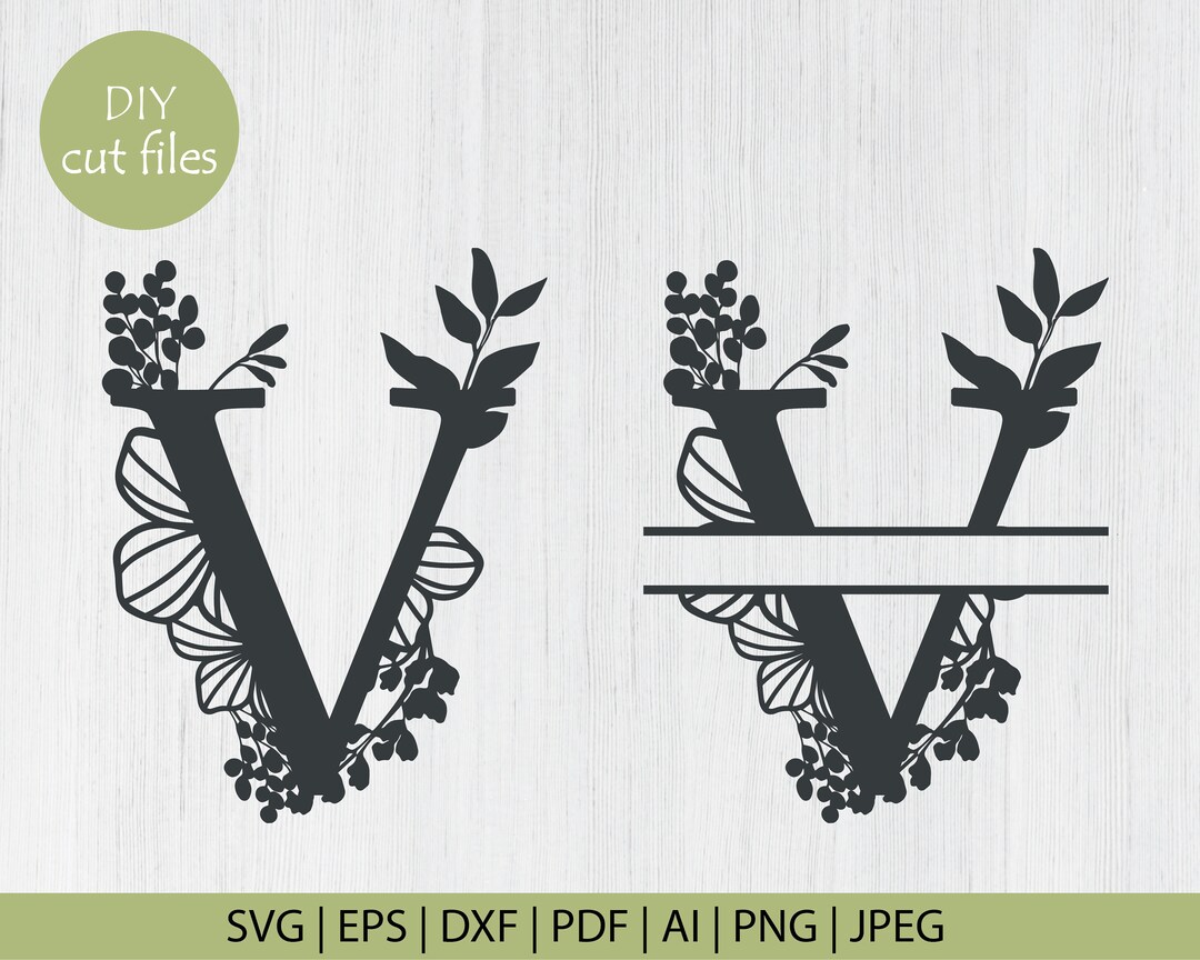 Botanical Floral Letter V Split Monogram SVG, Split Monogram SVG ...