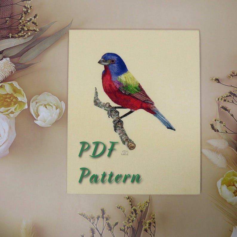 Hand Embroidery Digital Booklet, PDF Pattern of a Painted Bunting Bird ...