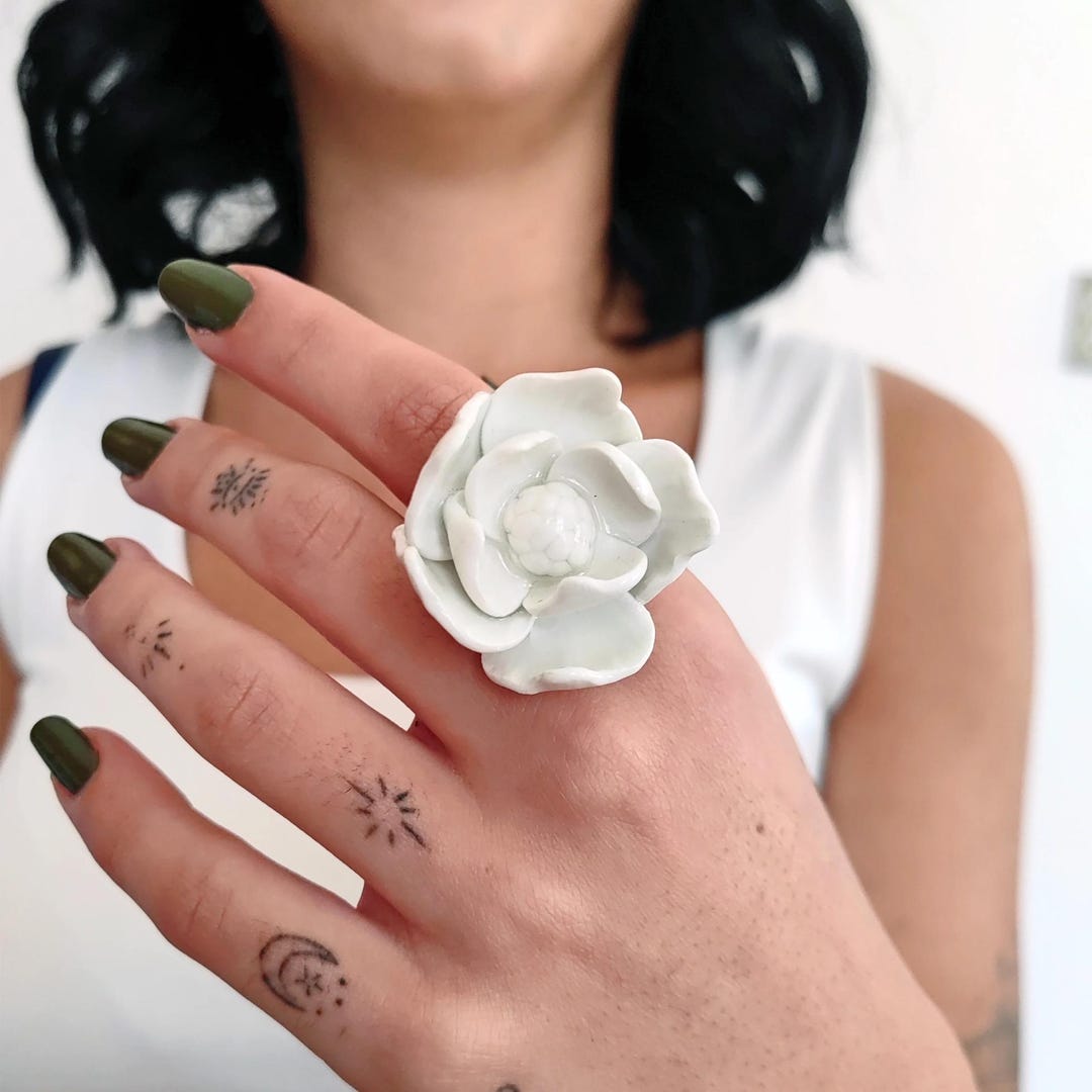 Handmade White Porcelain Flower Statement Ring, Unique Bridal Accessory ...