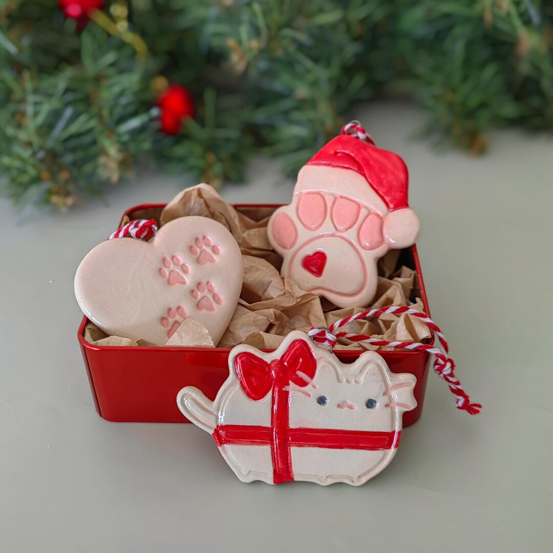 Set of 3 Ceramic Christmas Cat Ornaments, Cute Christmas Tree ...