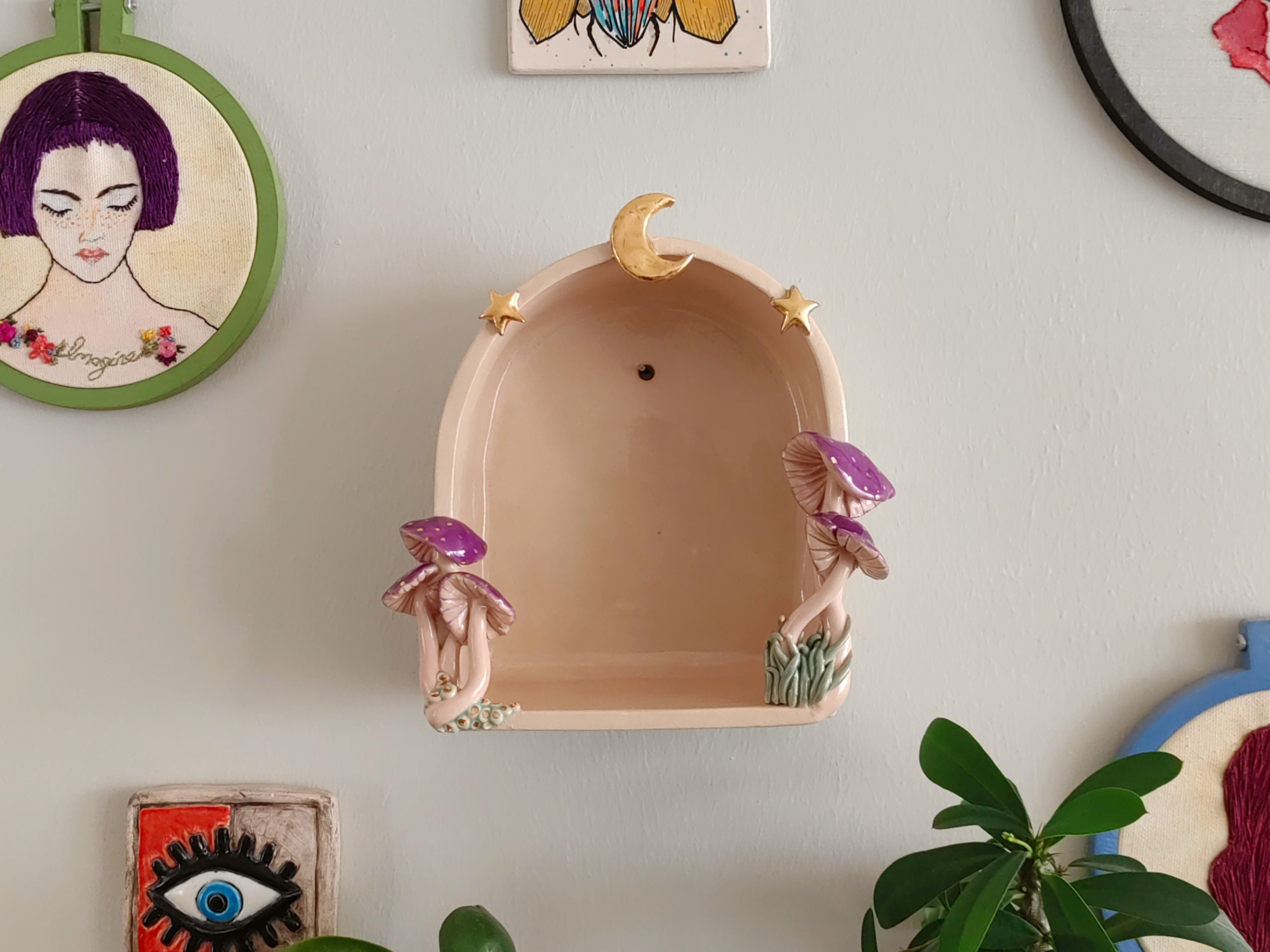 Ceramic Shrine, Ceramic Altar, Ceramic Wall Shelf , Moon Altar, Gold ...