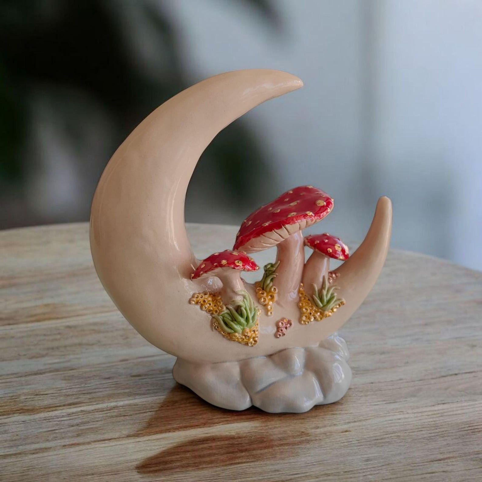 Handmade Ceramic Moon Decor: 24k Gold Detailed Mushrooms, Mystic Table ...