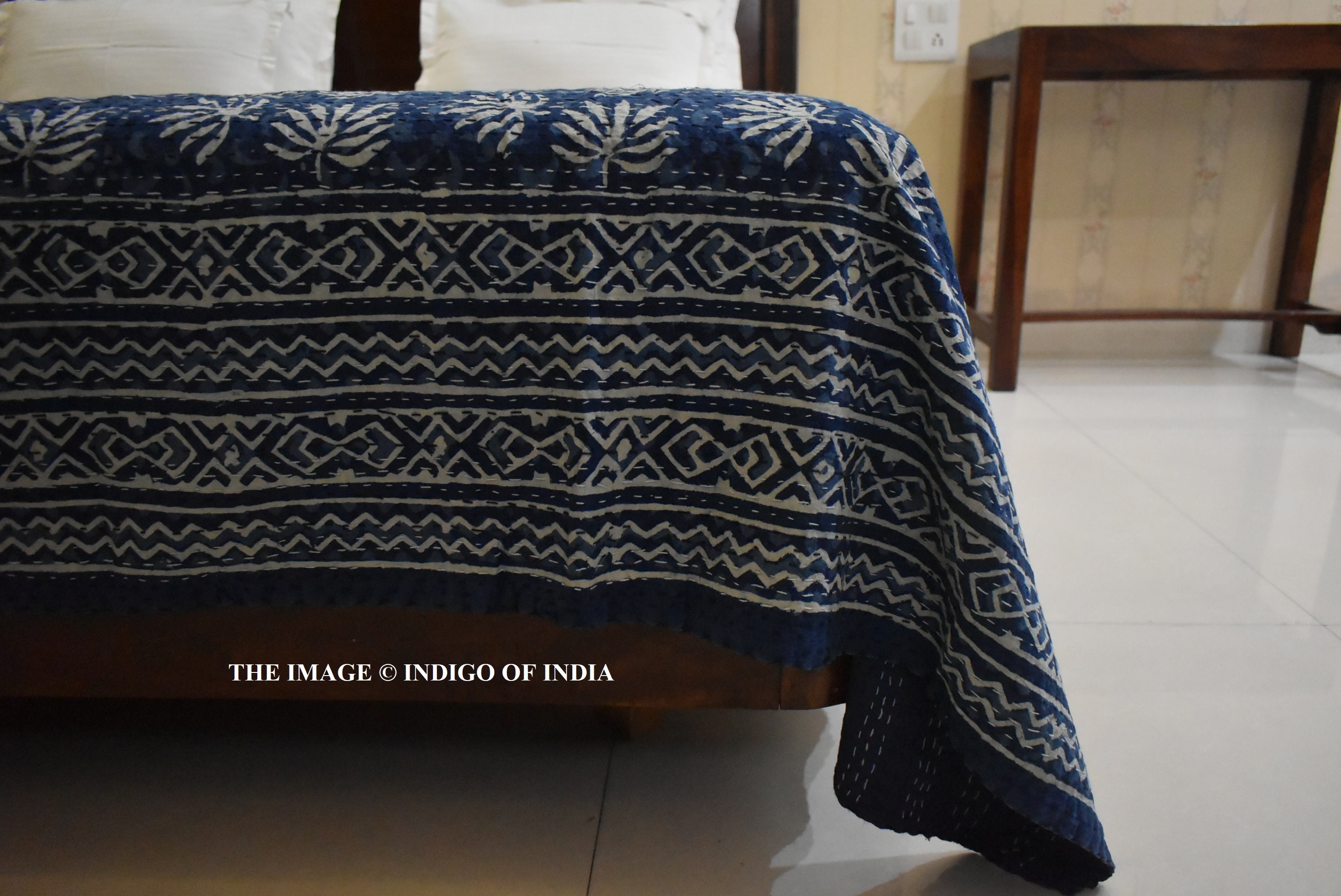 Blue and White Indigo Handmade Leafs Kantha Quilt Indigo | Etsy