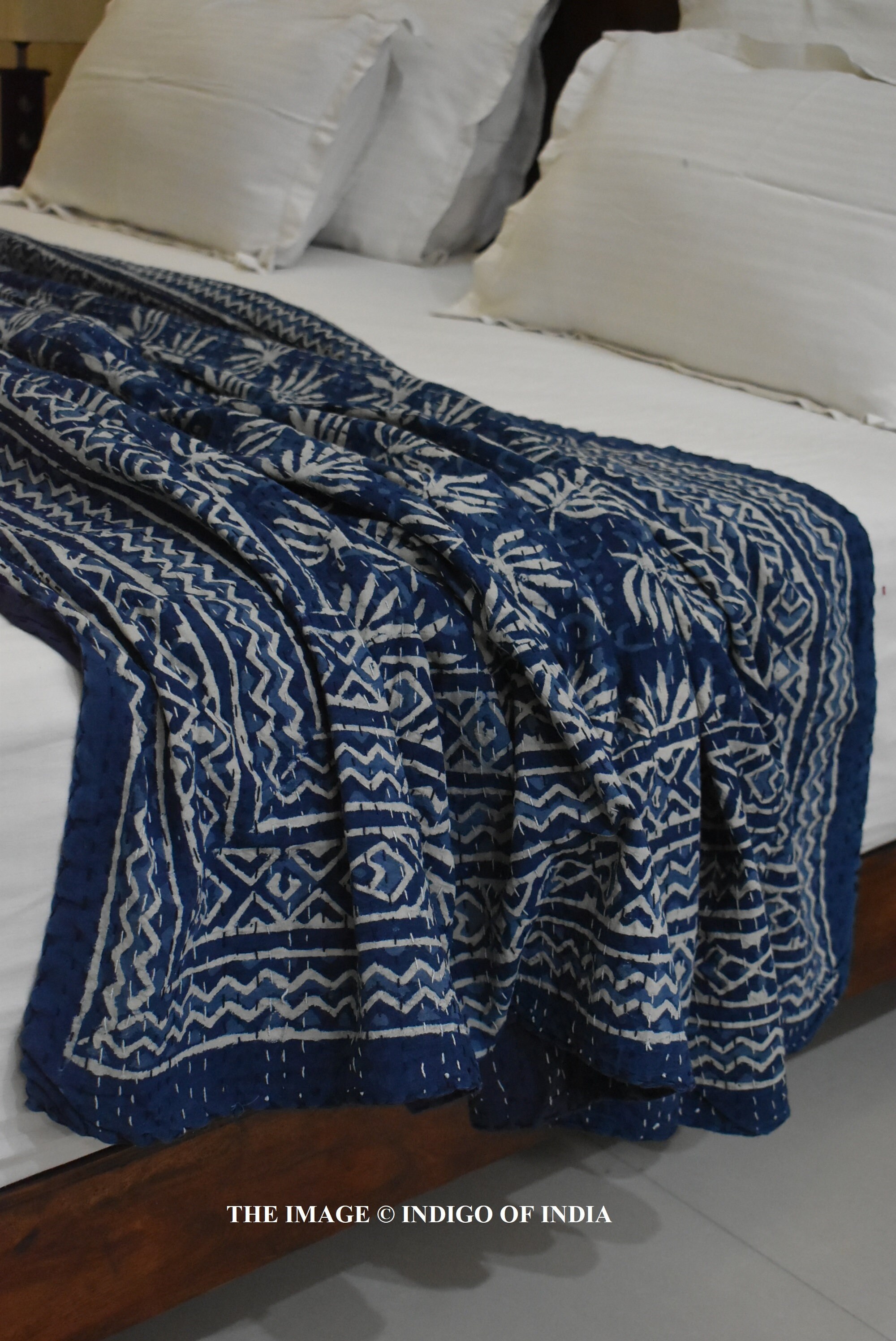 Blue and White Indigo Handmade Leafs Kantha Quilt Indigo | Etsy