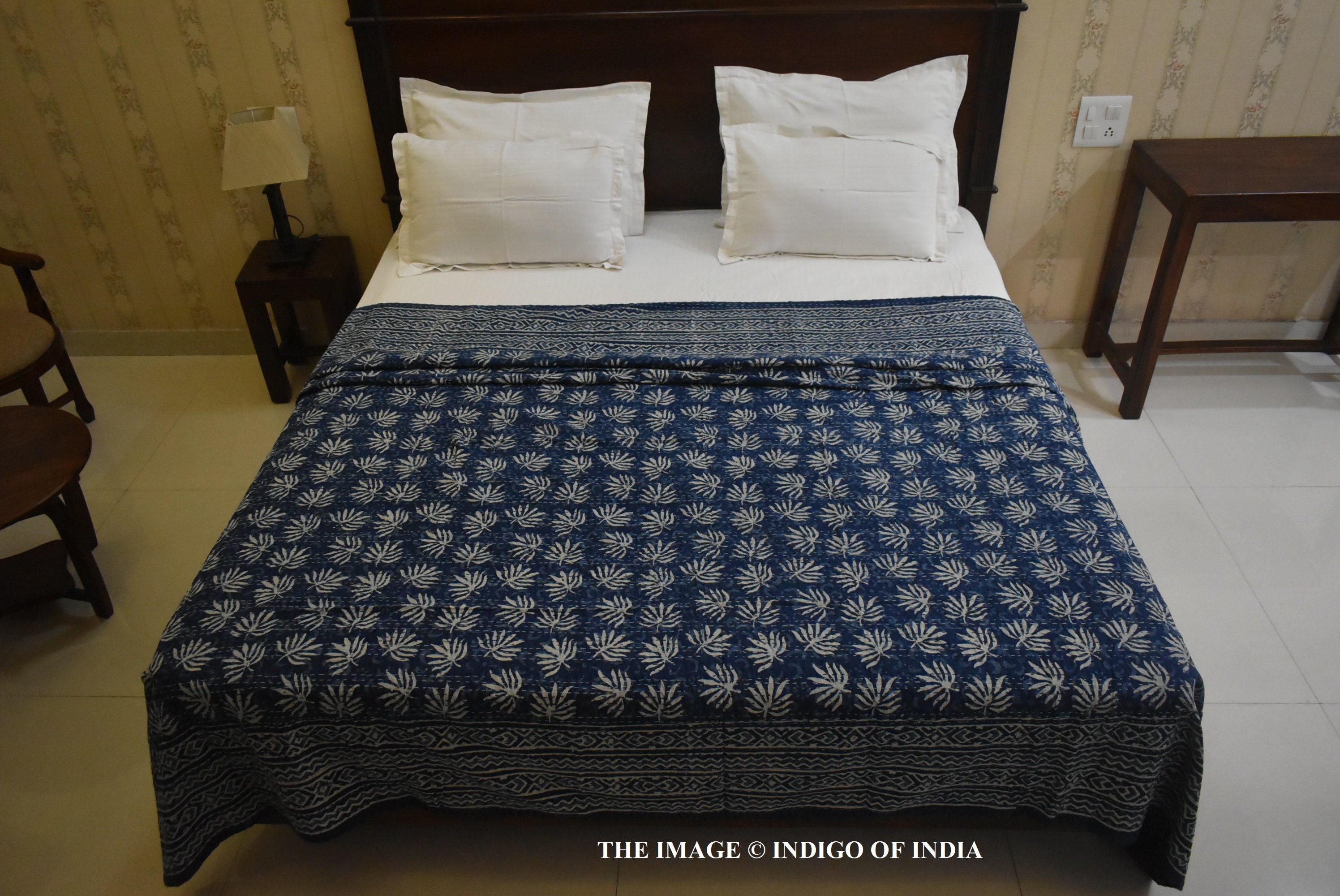 Blue and White Indigo Handmade Leafs Kantha Quilt Indigo | Etsy