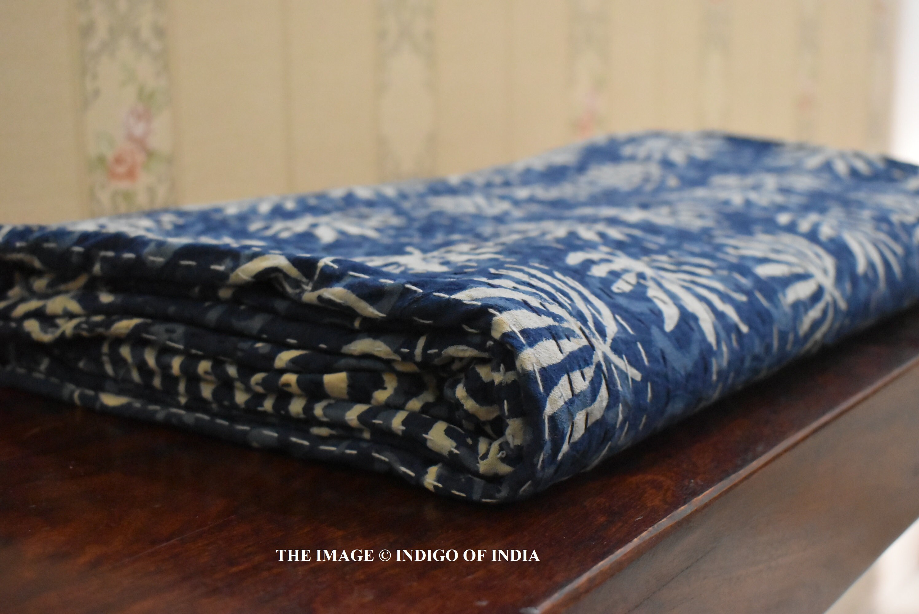 Blue and White Indigo Handmade Leafs Kantha Quilt Indigo | Etsy