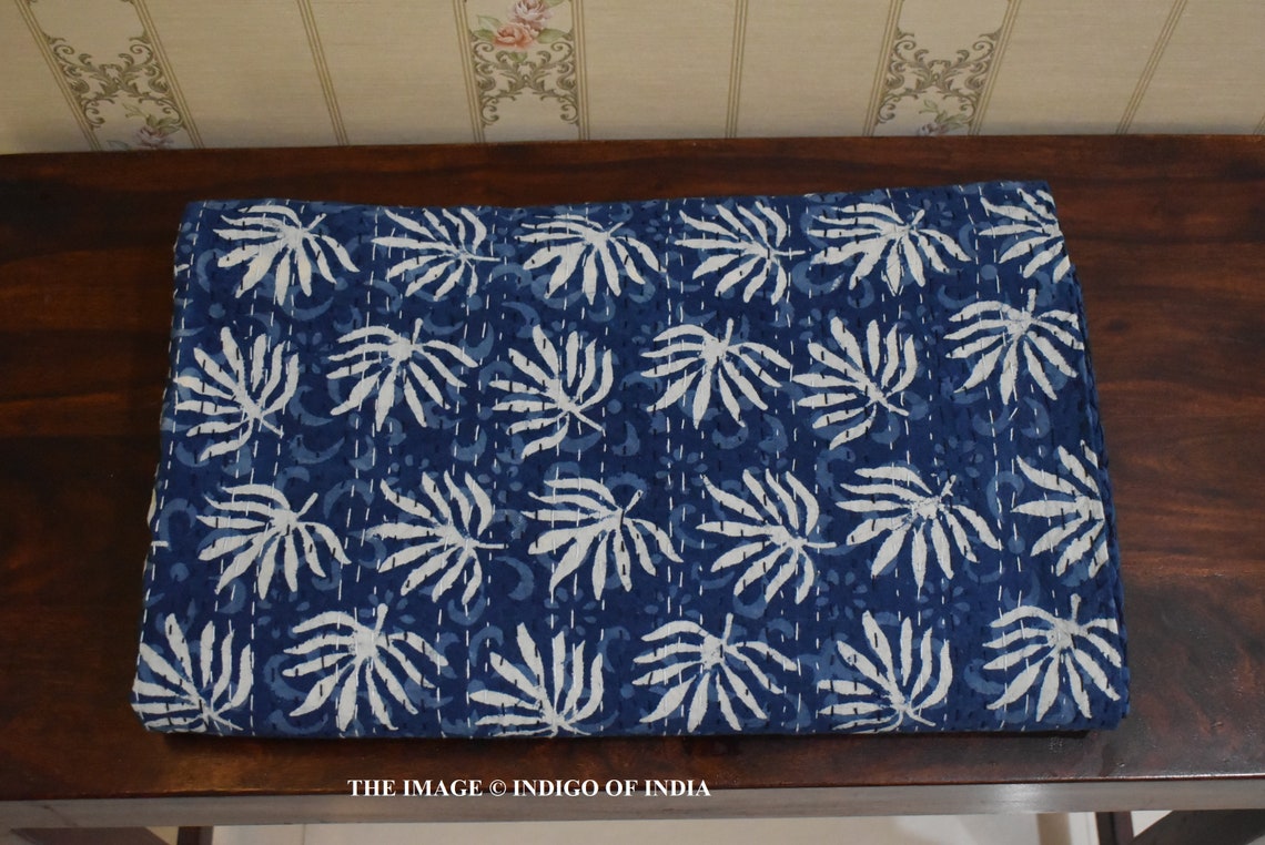 Blue and White Indigo Handmade Leafs Kantha Quilt Indigo | Etsy