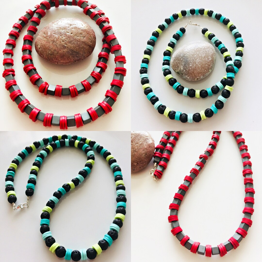 Collier diablo and blue Ocean Necklace With Hematite Cubes, Lava Balls ...