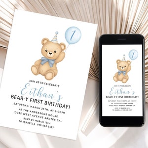 Teddy Bear Birthday Invitation Blue Bear First Invitation - Etsy