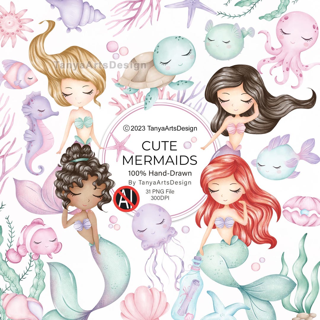 Hand-drawn Mermaid Clipart, Little Mermaid Clipart, Under the Sea Baby ...
