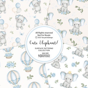 Blue Elephant Digital Paper, Watercolor Elephant Seamless, Nursery Baby ...