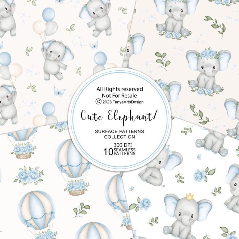 Blue Watercolor Elephant Digital Paper, Nursery Fabric (digital ...