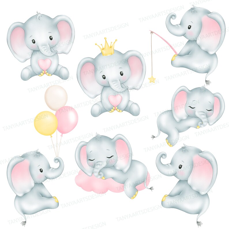 Cute Elephant Clipart Watercolor Baby Girl Elephant | Etsy
