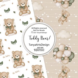 Green Teddy Bear Digital Paper, Watercolor Teddy Bear Seamless, Nursery ...