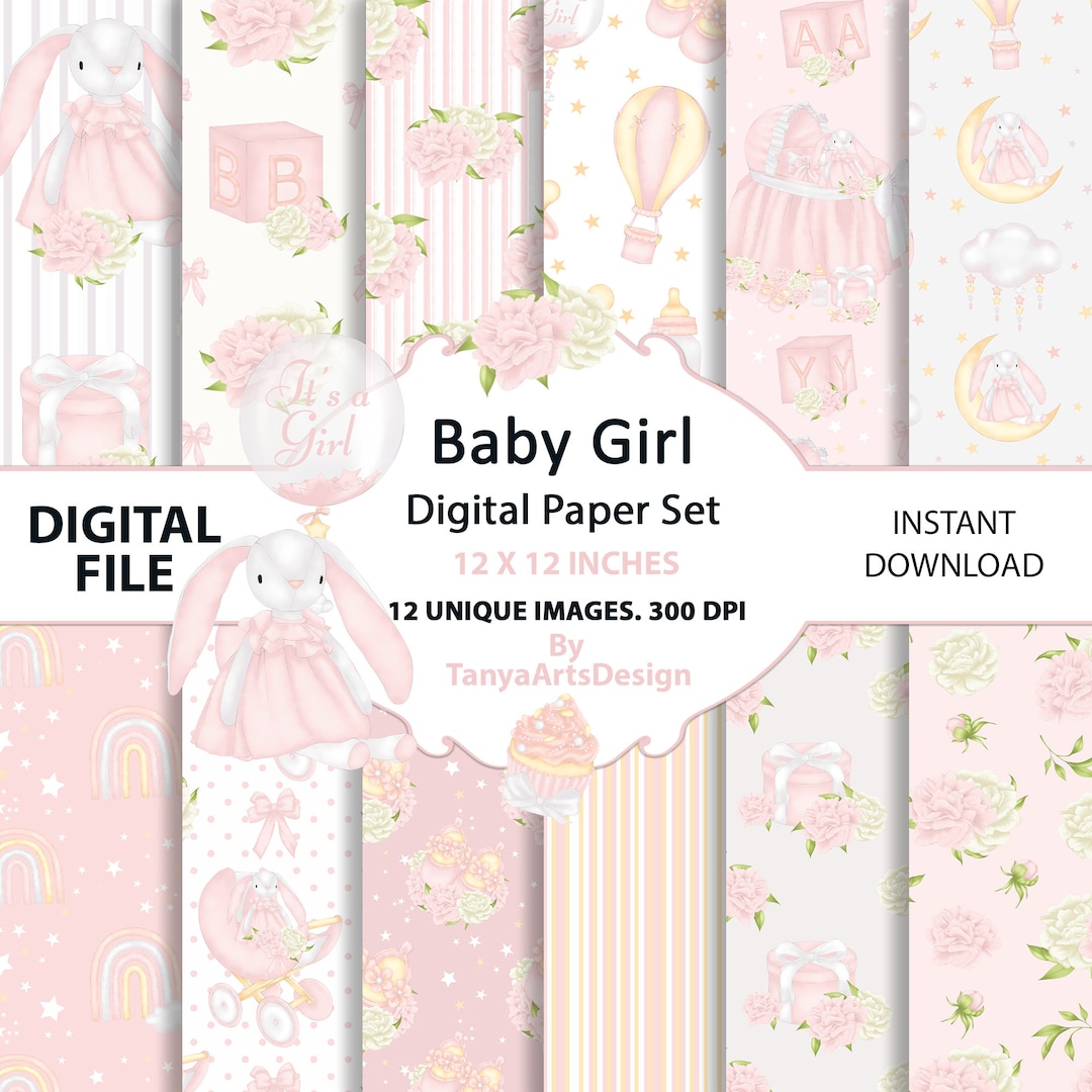 Baby Girl Digital Paper, Baby Paper Pack Baby Girl Scrapbook Nursery ...
