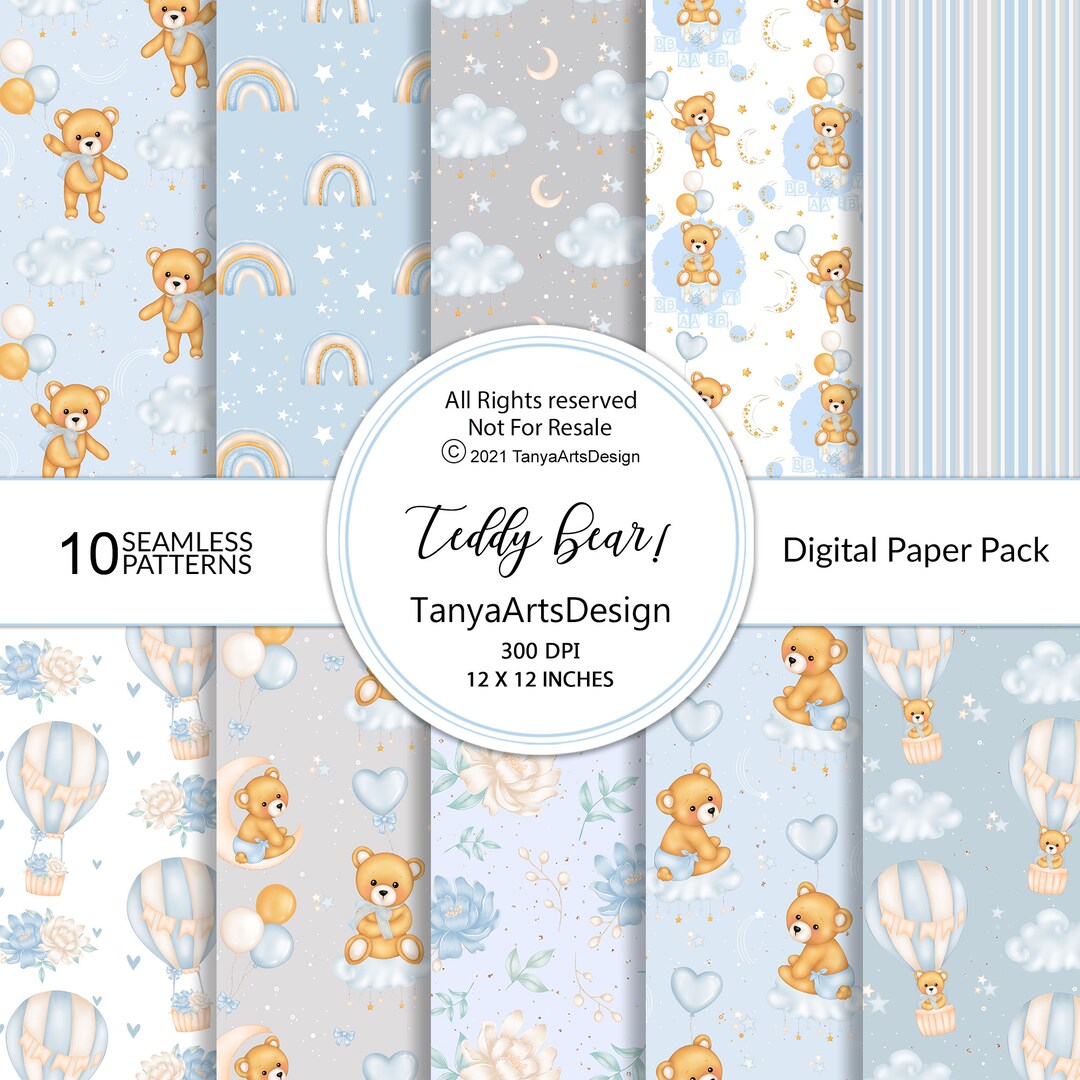 Teddy Bear Digital Paper Set, Baby Boy Digital Paper, Baby Shower Boy ...