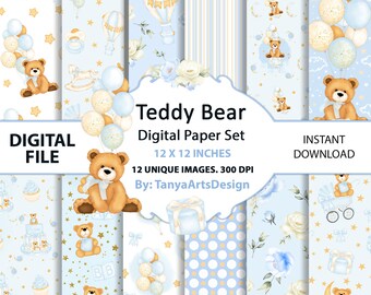 Teddy Bear Digital Paper Set, Baby Boy Digital Paper, Baby Shower Boy ...