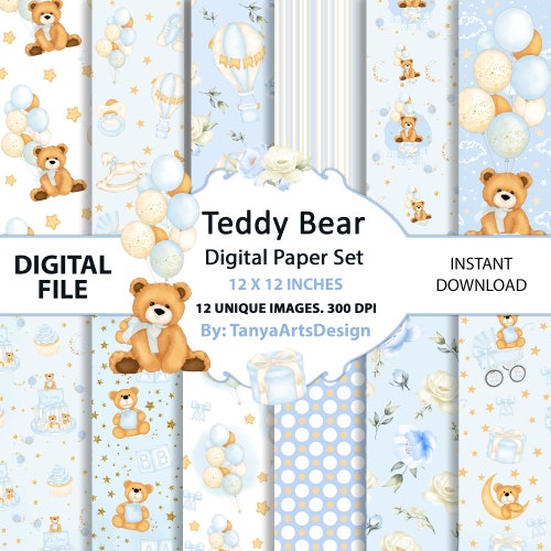 Teddy Bear Digital Paper Set Us Paper Size Baby Shower Boy - Etsy
