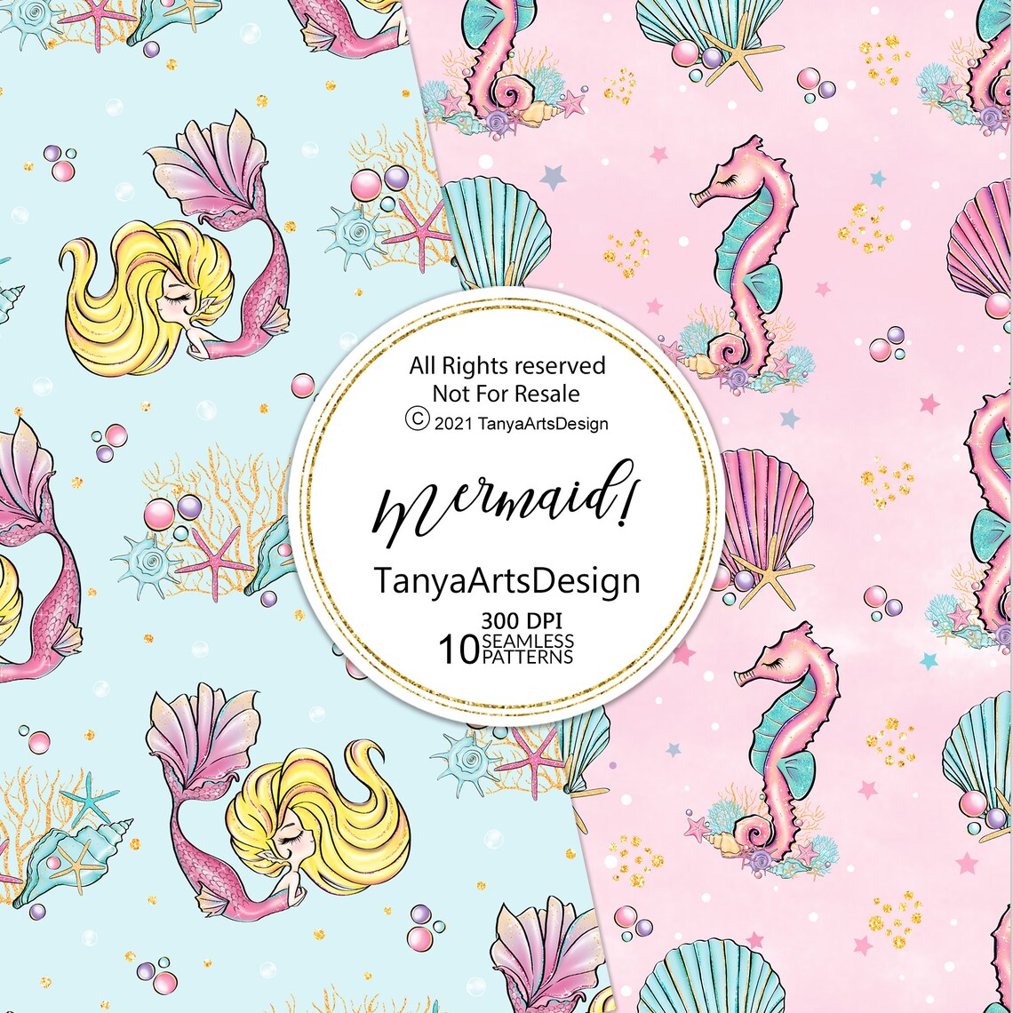 Mermaid digital paper mermaid seamless patterns sea animals | Etsy