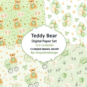 Teddy Bear Digital Paper Set, Baby Boy Digital Paper, Baby Shower Boy ...