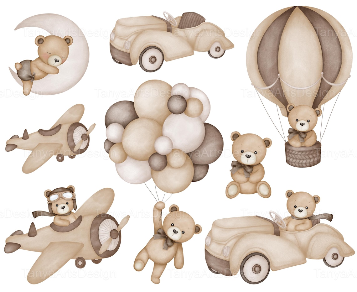 Watercolor Teddy Bear Clipart, Watercolor Baby Shower Clipart, Boho ...
