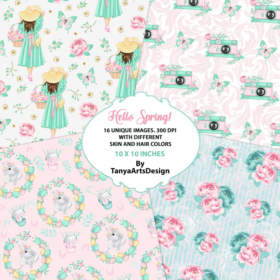 Spring digital paper hello spring digital pack Easter | Etsy