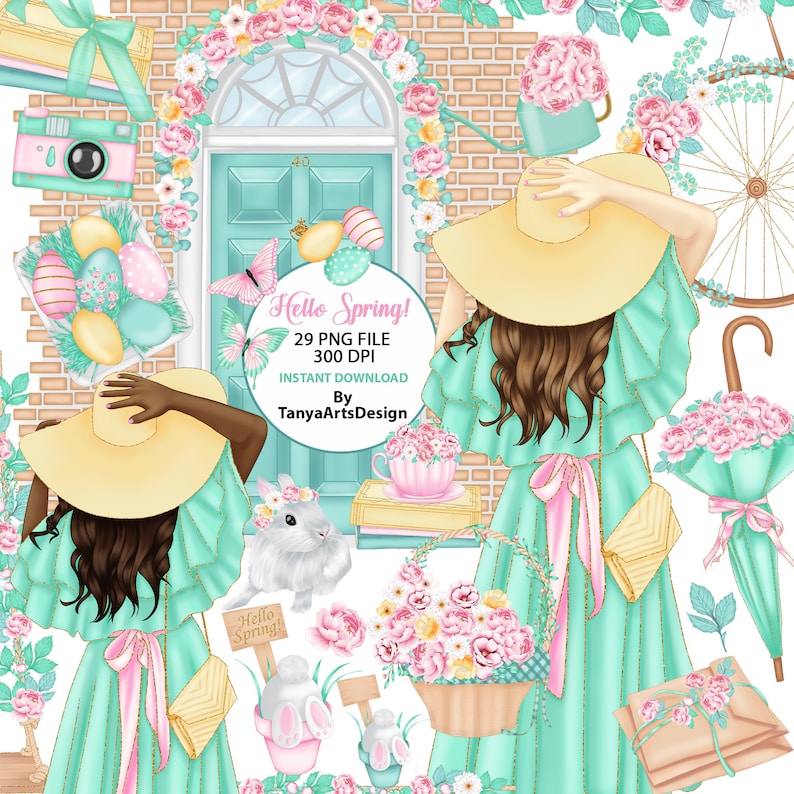 Spring Clipart Spring Fashion Girl Clipart Easter Bunny - Etsy