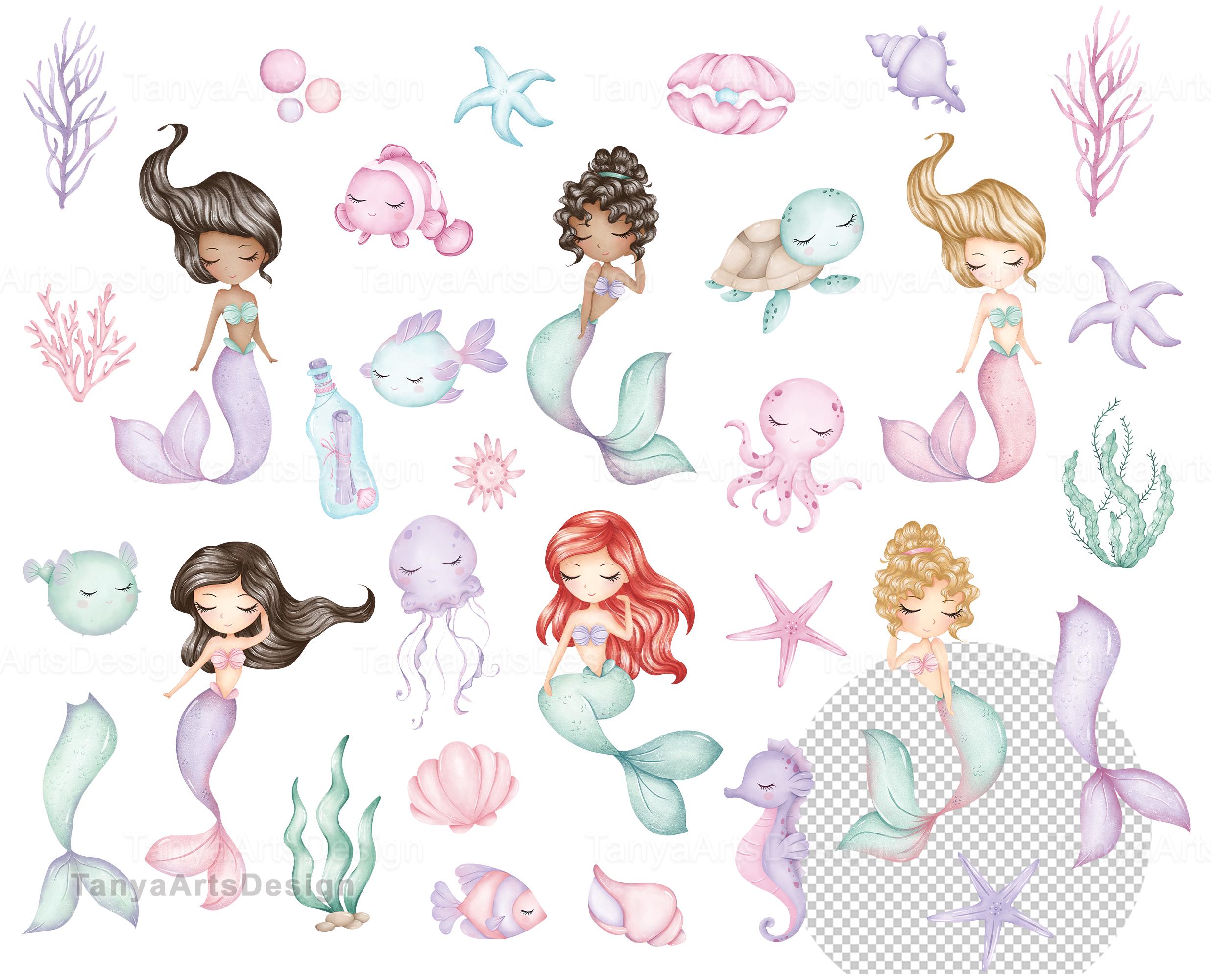 Hand-drawn Mermaid Clipart, Little Mermaid Clipart, Under the Sea Baby ...