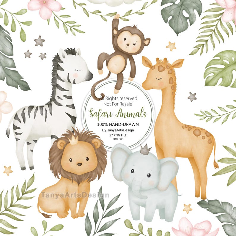 Safari Jungle Animals Clipart, Hand-drawn Watercolor Zoo Animals PNG ...