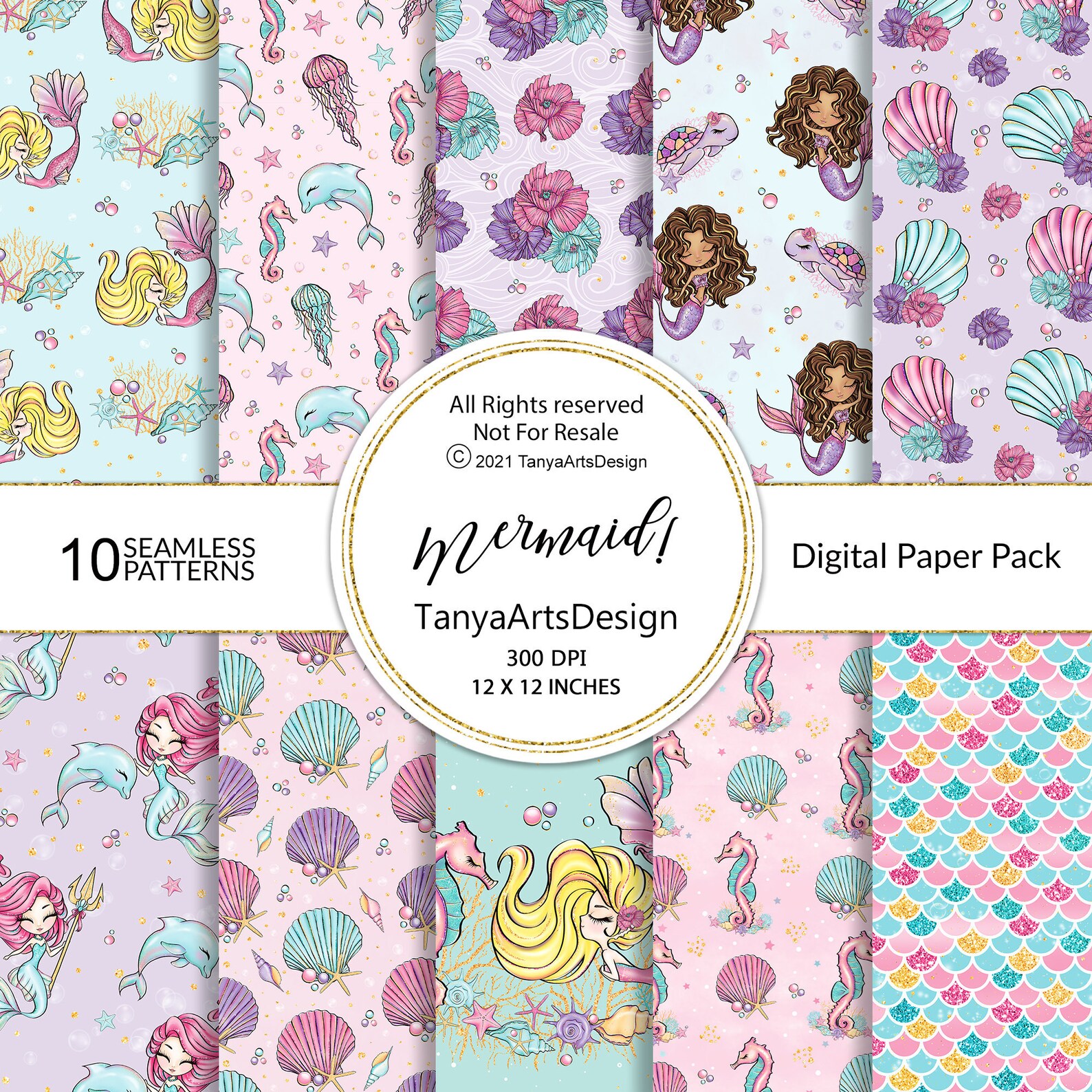 Mermaid Digital Paper Mermaid Seamless Patterns Sea Animals - Etsy