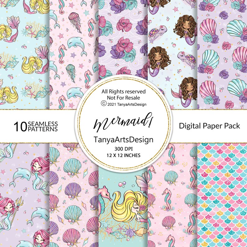Mermaid Digital Paper Mermaid Seamless Patterns Sea Animals - Etsy