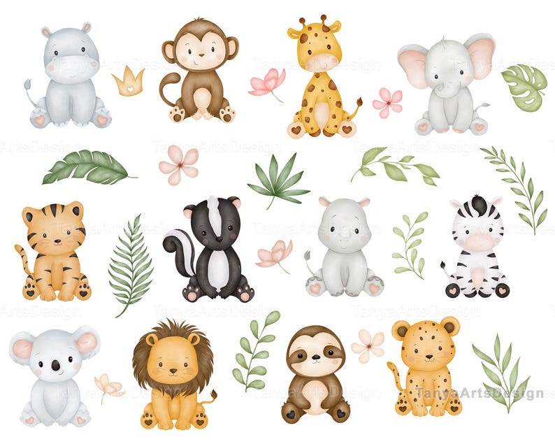 Watercolor Safari Animals Clipart, Baby Safari Animals Jungle Clipart ...