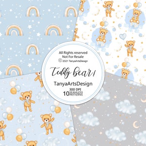 Teddy Bear Digital Paper Set, Baby Boy Digital Paper, Baby Shower Boy ...