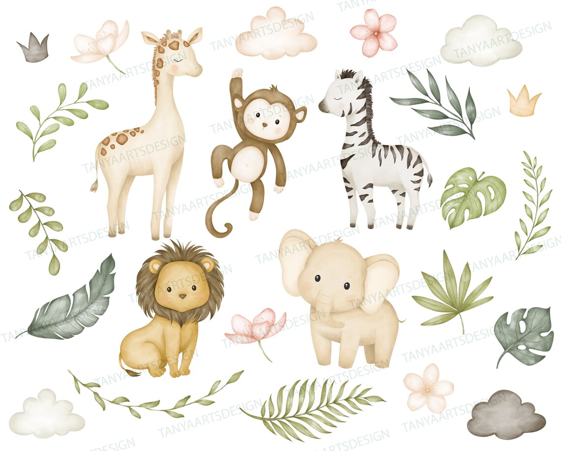 Watercolor Safari Animals Clipart Cute Safari Animals Clipart - Etsy