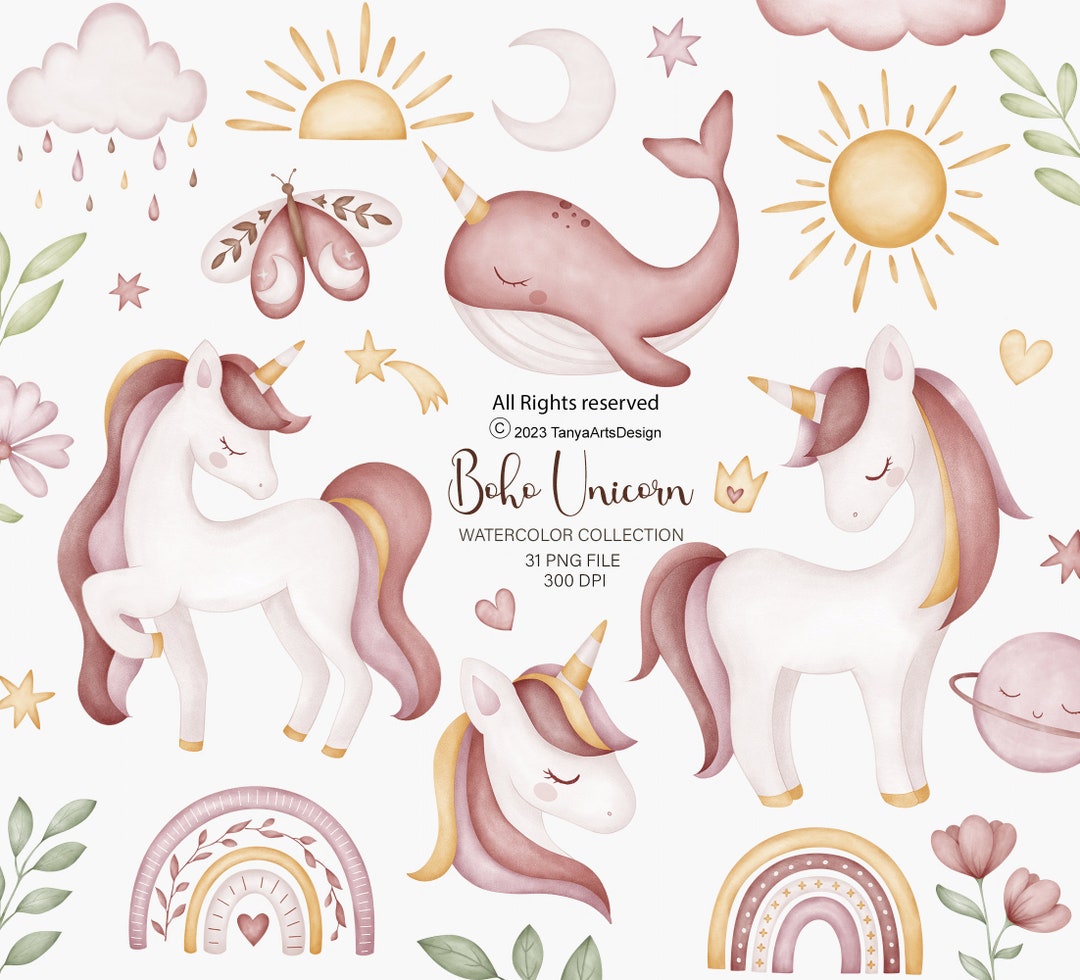Unicorn Clipart, Watercolor Unicorn Clipart, Sun Shine Clipart, Boho ...