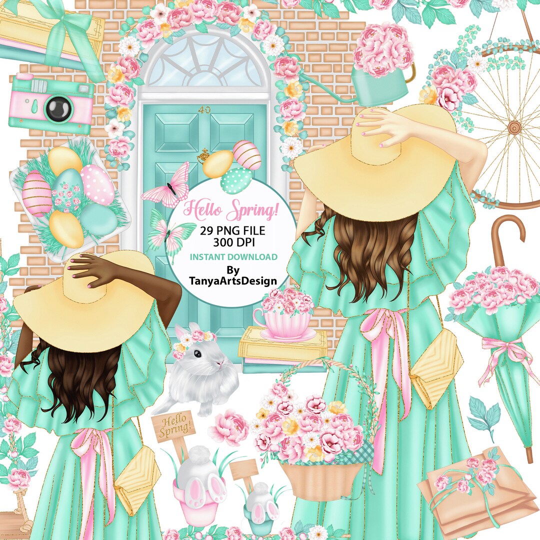 Spring Clipart, Spring Fashion Girl Clipart, Easter Bunny Clipart ...