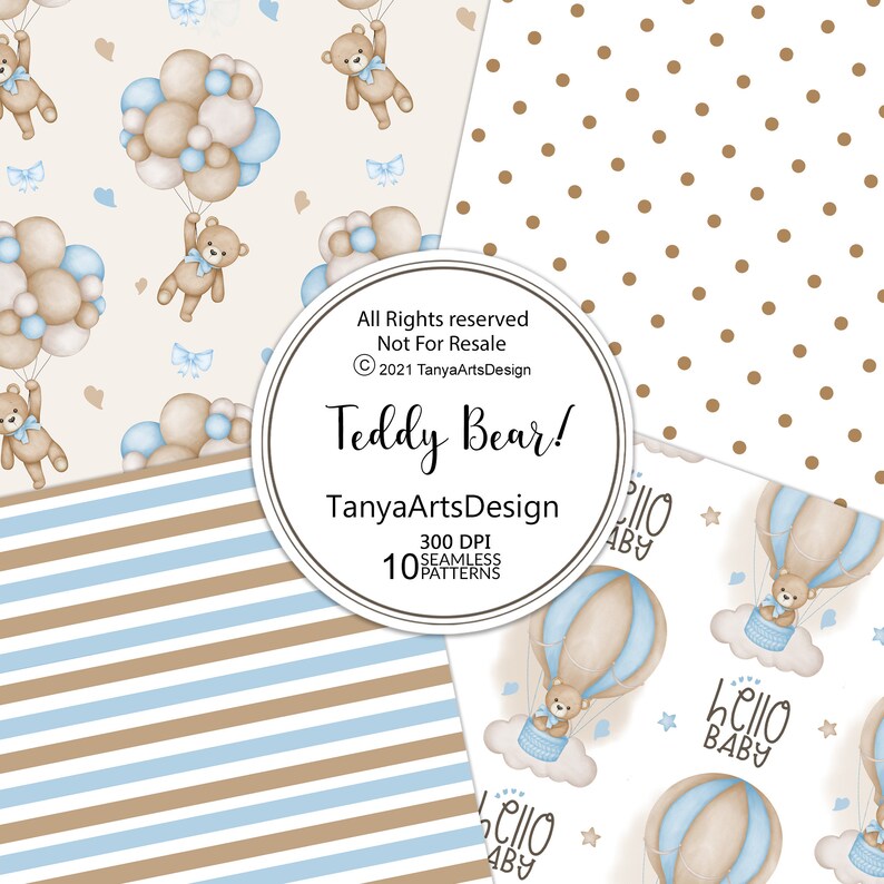 Blue Teddy Bear Digital Paper Watercolor Teddy Bear Seamless - Etsy