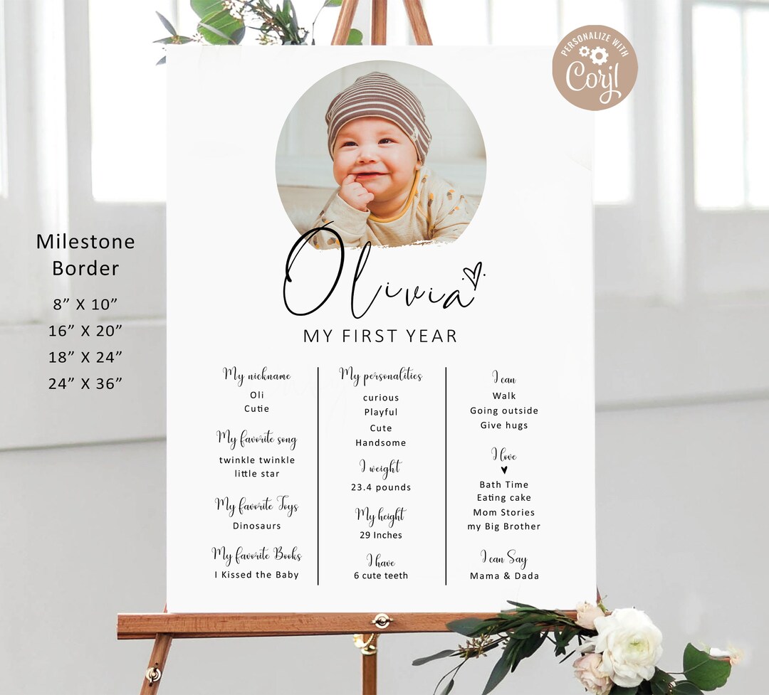 1st Birthday Milestone Board, Baby' First Year Milestone Poster ...