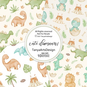 Watercolor Dinosaurs Digital Paper Set, Dinosaur Boho Seamless, Cute ...