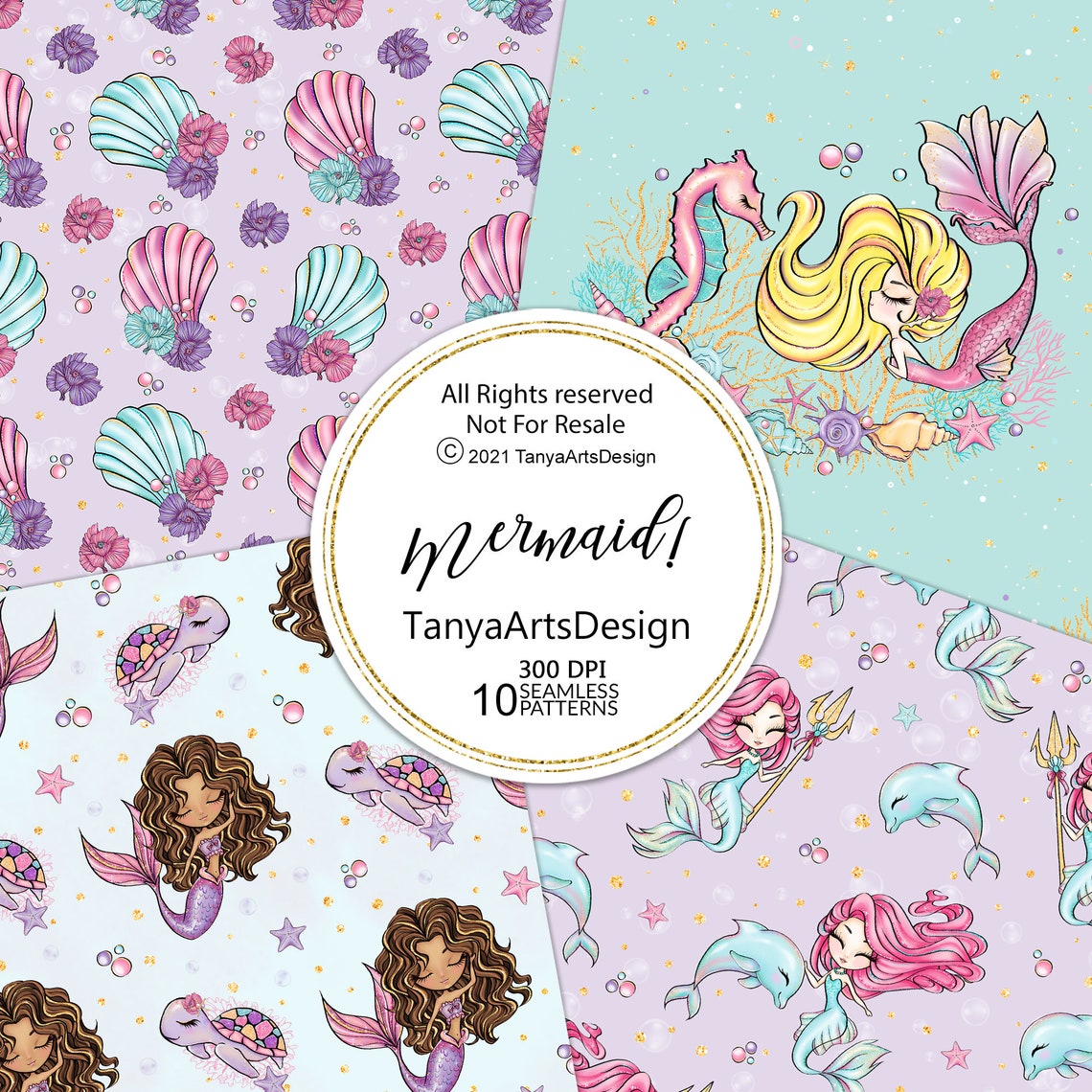 Mermaid Digital Paper Mermaid Seamless Patterns Sea Animals - Etsy