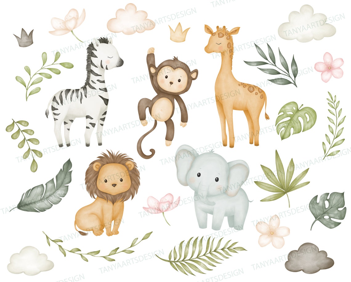 Watercolor Safari Animals Clipart Cute Safari Animals Clipart - Etsy