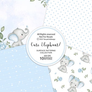 Blue Elephant Digital Paper, Watercolor Elephant Seamless, Nursery Baby ...