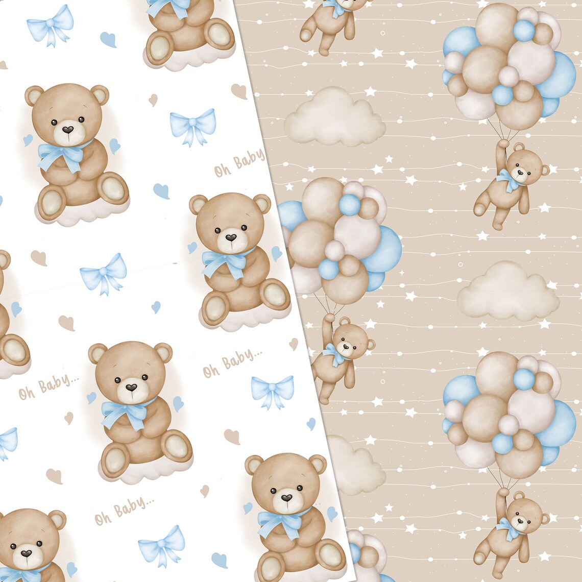 Blue Teddy Bear Digital Paper Watercolor Teddy Bear Seamless - Etsy
