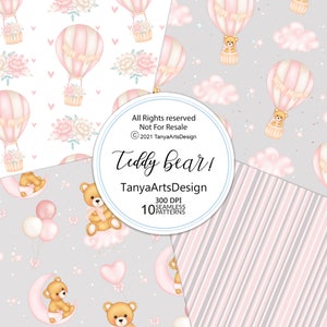 Teddy Bear Digital Paper Set, Baby Girl Digital Paper, Baby Shower Girl ...