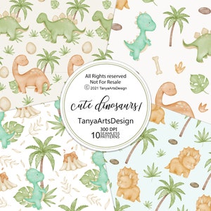 Watercolor Dinosaurs Digital Paper Set, Dinosaur Boho Seamless, Cute ...