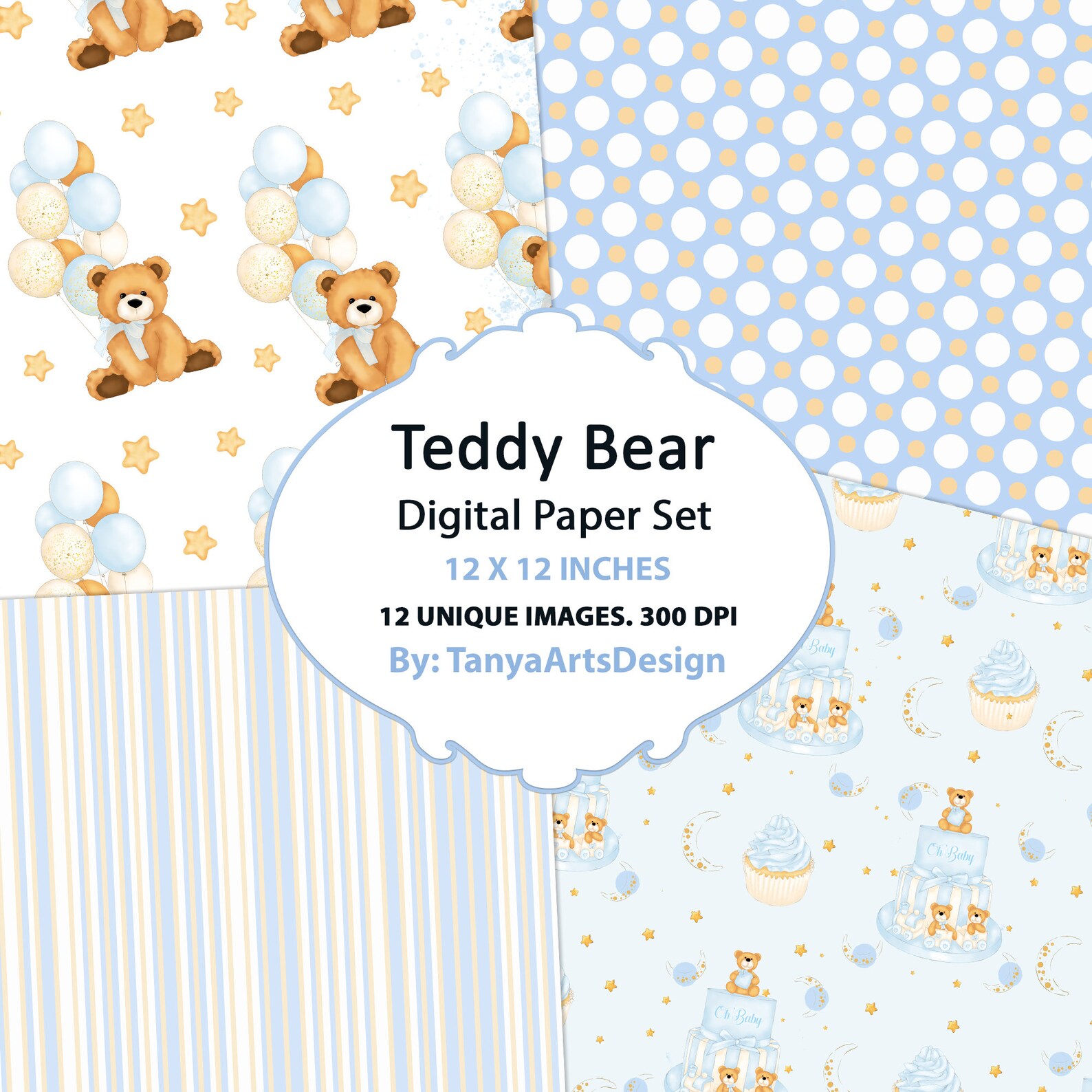 Teddy Bear Digital Paper Set Baby Boy Digital Paper Baby - Etsy