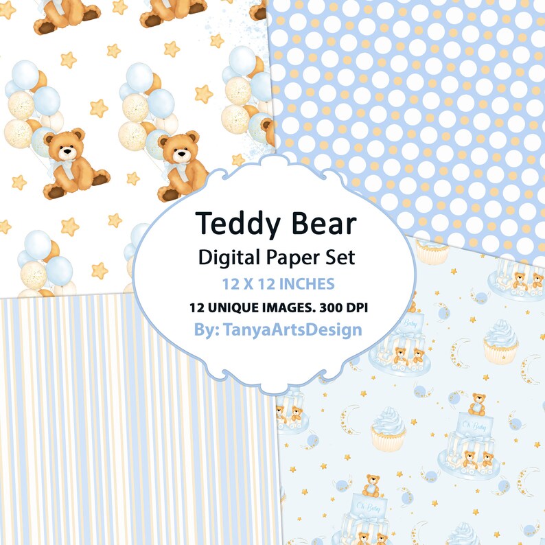Teddy Bear Digital Paper Set Baby Boy Digital Paper Baby - Etsy